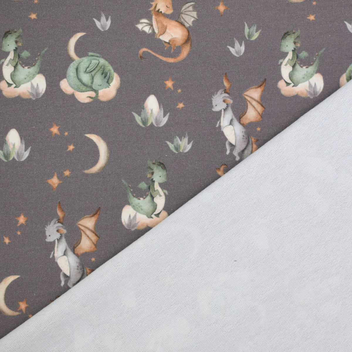 French Terry Little Dragons, taupe | Stoffe Hemmers