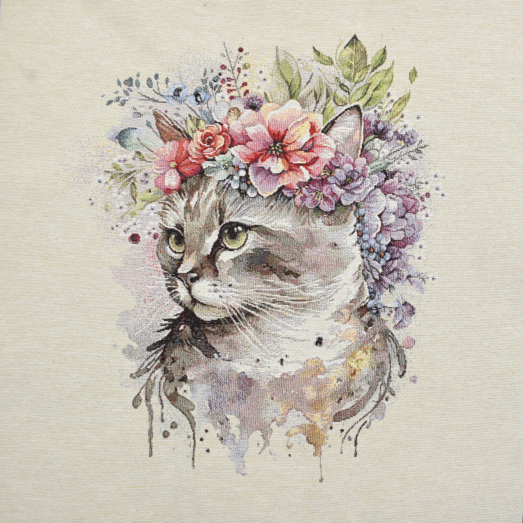 Tissu déco panneau gobelin Chat & Fleurs Flower Cat, 46x46 cm | Tissus Hemmers