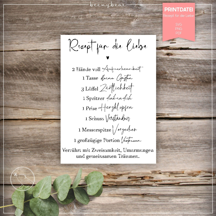 Plotterdatei/Printdatei beemybear Rezept für die Liebe | Stoffe Hemmers