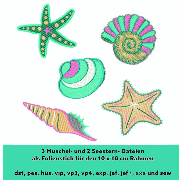 Fichier modèle broderie Coquillages et étoiles de mer 10x10cm stick ...